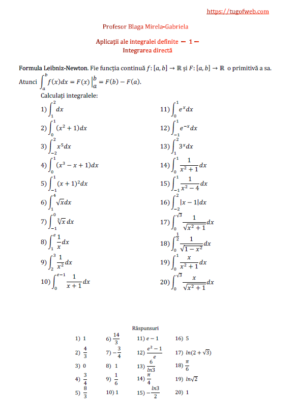 Aplicatii ale integralei definite – 1 – integrarea directa – Tug Of Web