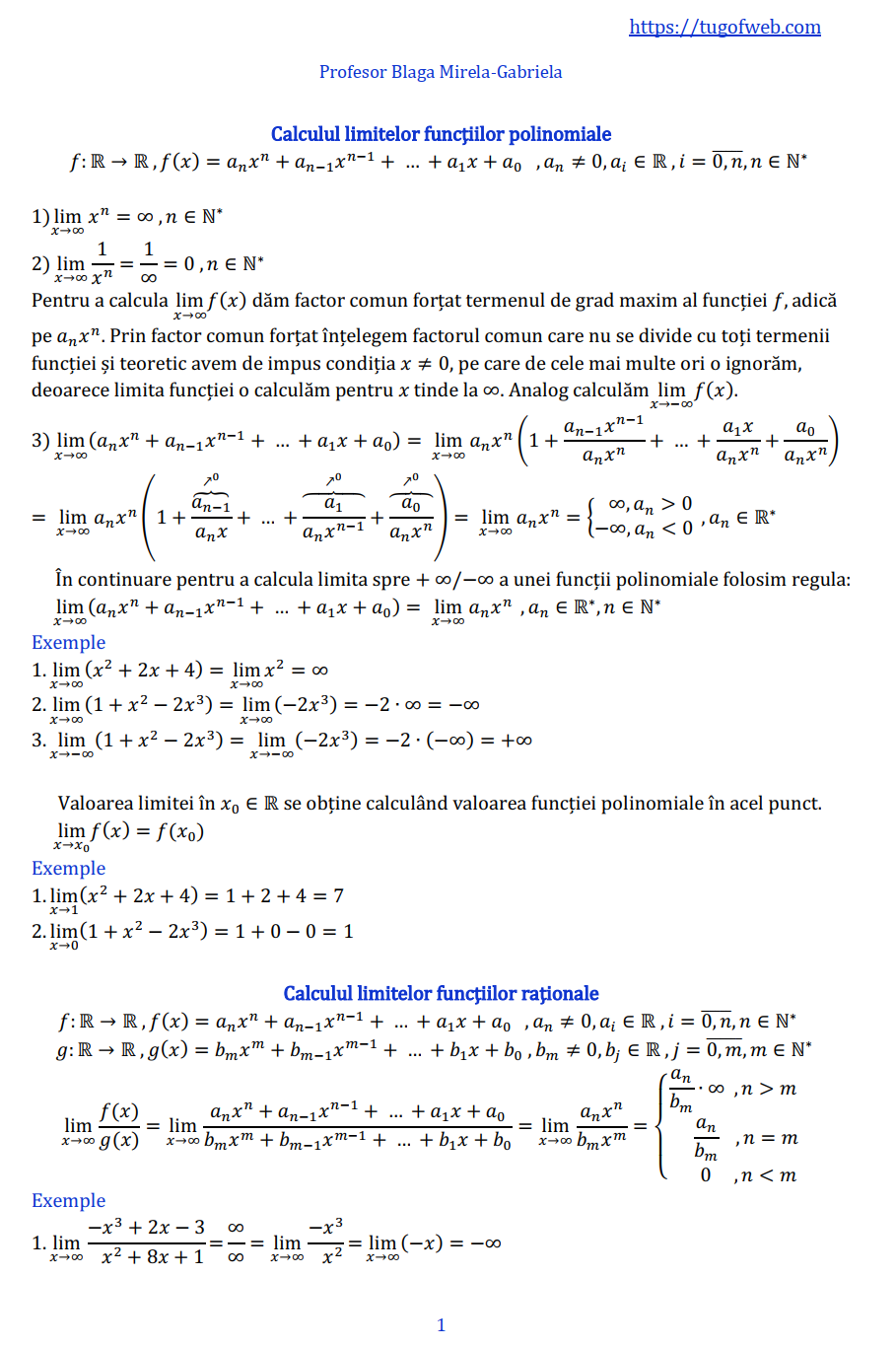 Calculul limitelor functiilor polinomiale si rationale – Tug Of Web