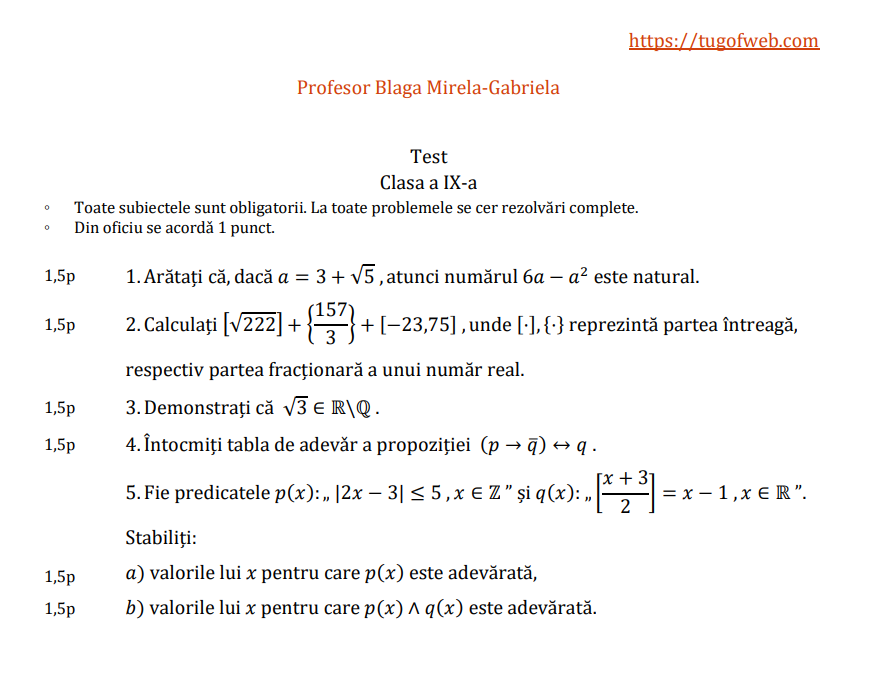 9 Test numere reale logica matematica – Tug Of Web
