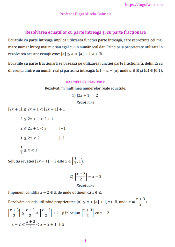 Rezolvarea ecuatiilor cu parte intreaga si cu parte fractionara – Tug ...