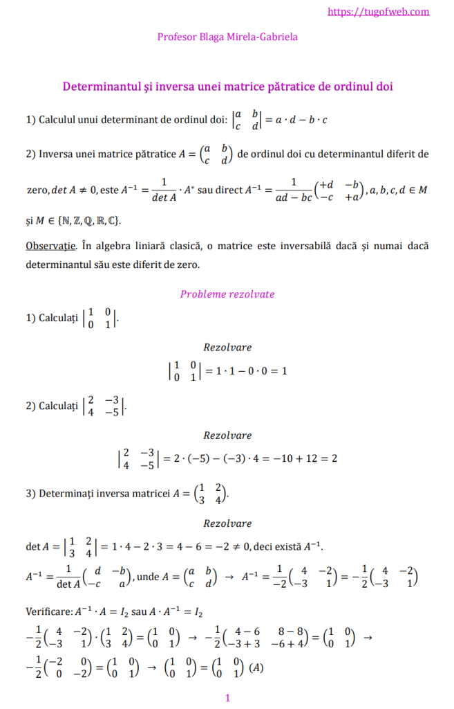Determinantul si inversa unei matrice patratice de ordinul doi – Tug Of Web