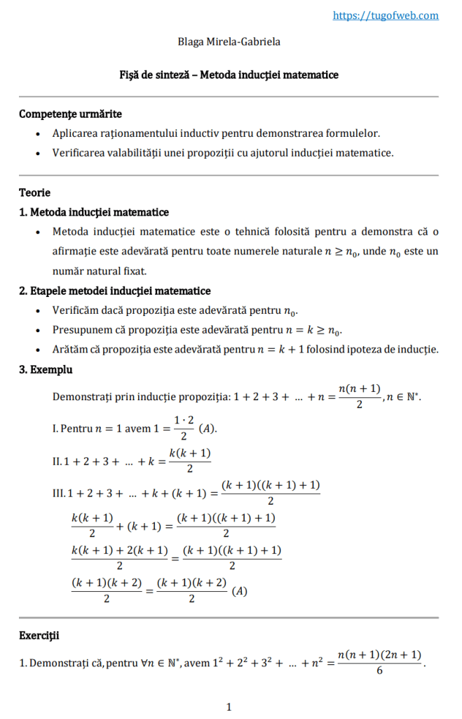 IX.2 Fisa de sinteza. Metoda inductiei matematice – Tug Of Web