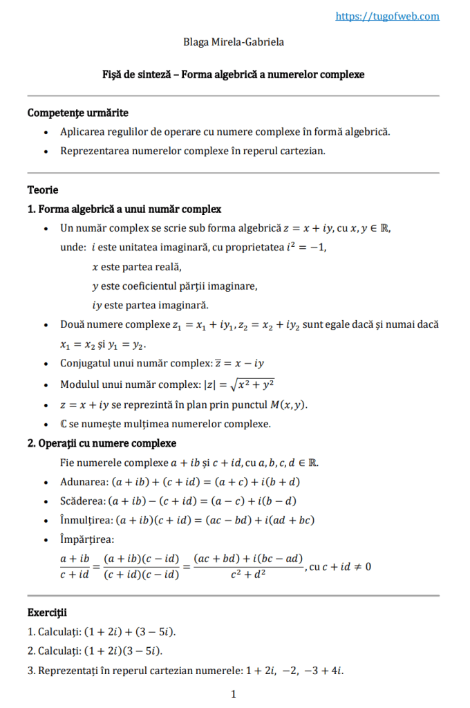 X.1 Fisa de sinteza. Forma algebrica a numerelor complexe – Tug Of Web